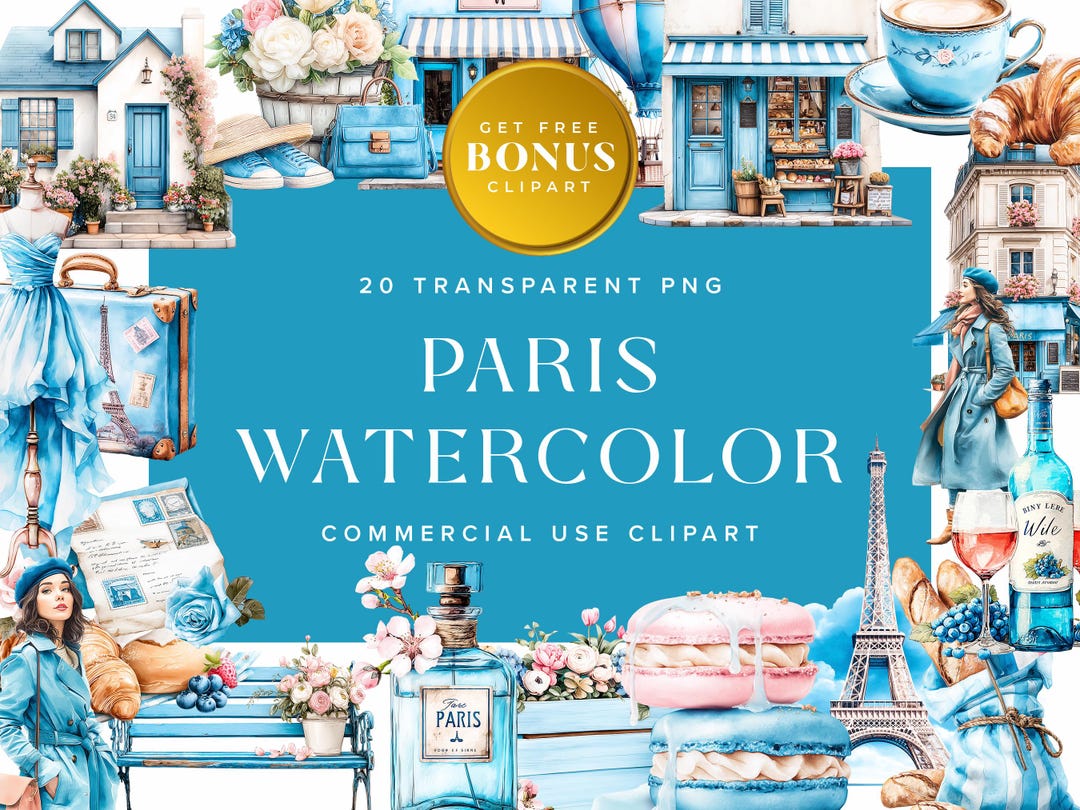 Paris Watercolor Clipart PNG Set — Eiffel Tower, Cafe, Macarons, French ...