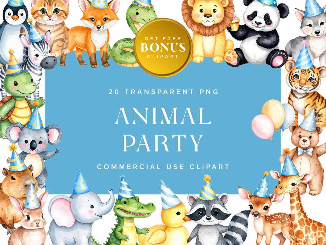 Animal Party Clipart – Cute Birthday Animals PNG for Invitations, Kids ...