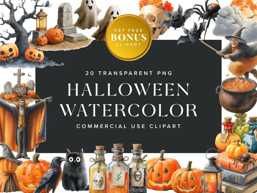 Halloween Watercolor Clipart PNG, Pumpkin Ghost Witch Clipart, Spooky ...