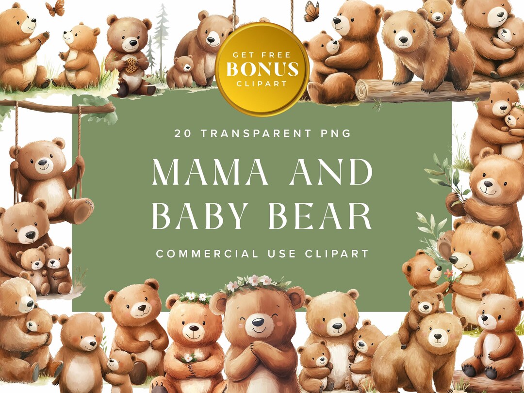 Watercolor Mama and Baby Bear Clipart: Teddy Bear Graphics (digital ...