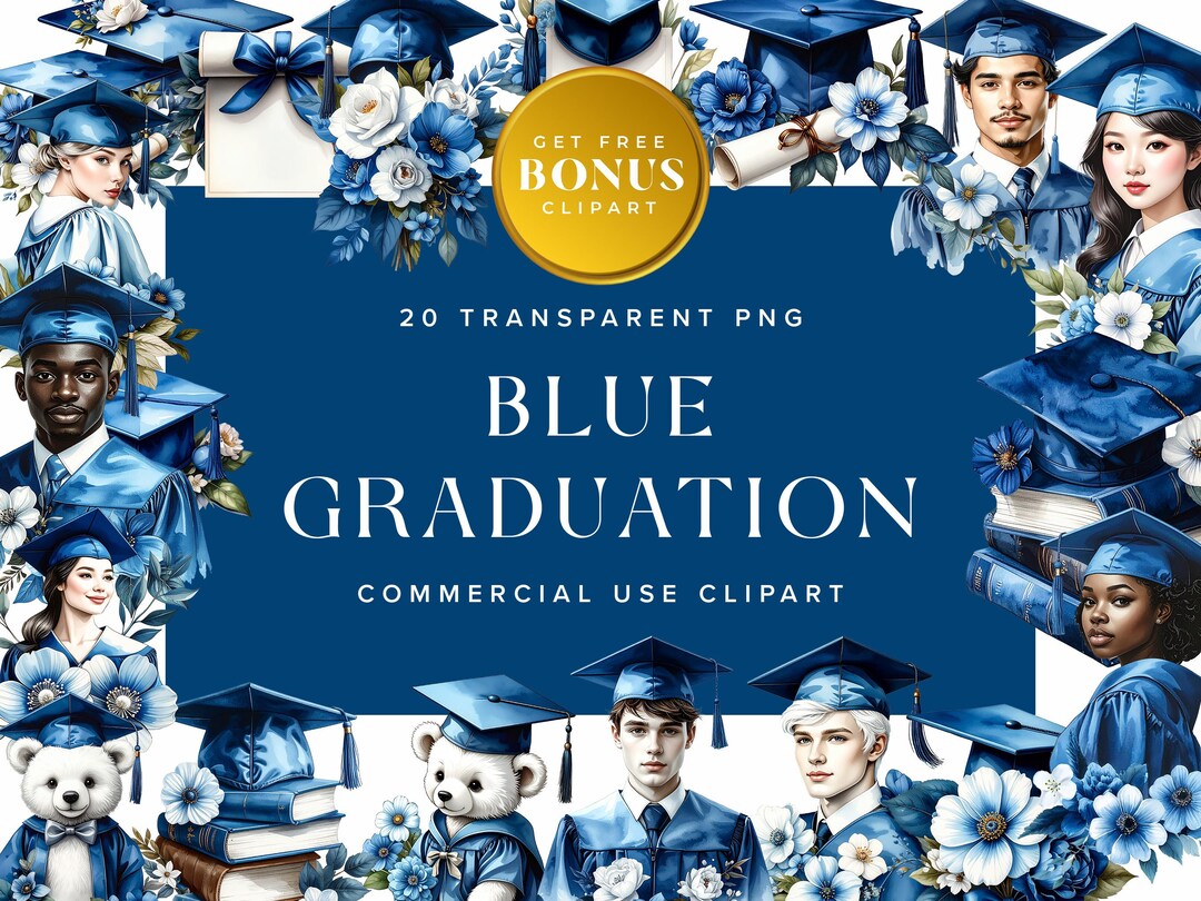 Blue Graduation Clipart, Cap & Gown Pngs for Invitations, Party Decor ...