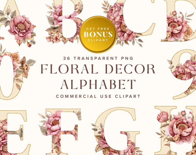 Gold Floral Alphabet Letters Clipart: Wedding Invitation PNG (digital ...