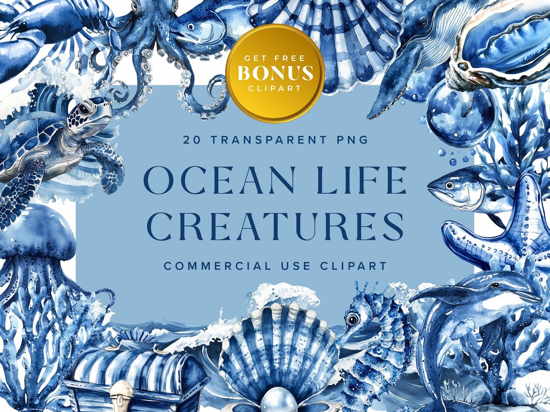 Watercolor Ocean Life Clipart: Sea Creatures PNG Graphics (digital ...