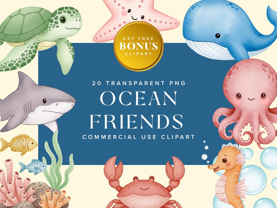 Watercolor Ocean Animals Clipart, Whale, Shark, Octopus, Nursery ...