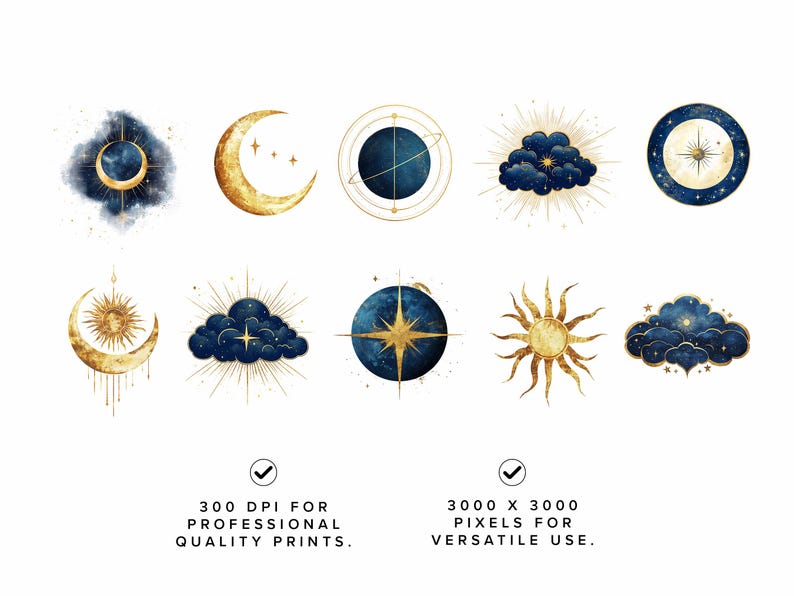 Celestial Element Clipart Collection, Watercolor Astrological PNG ...