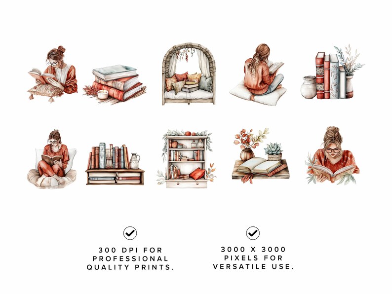 Reading Time Clipart Collection, Watercolor Book Lovers PNG Graphics ...