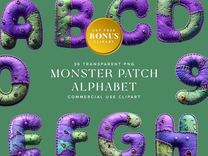 Monster Alphabet Clipart: Patch Letters, Kids Crafts (PNG Instant ...