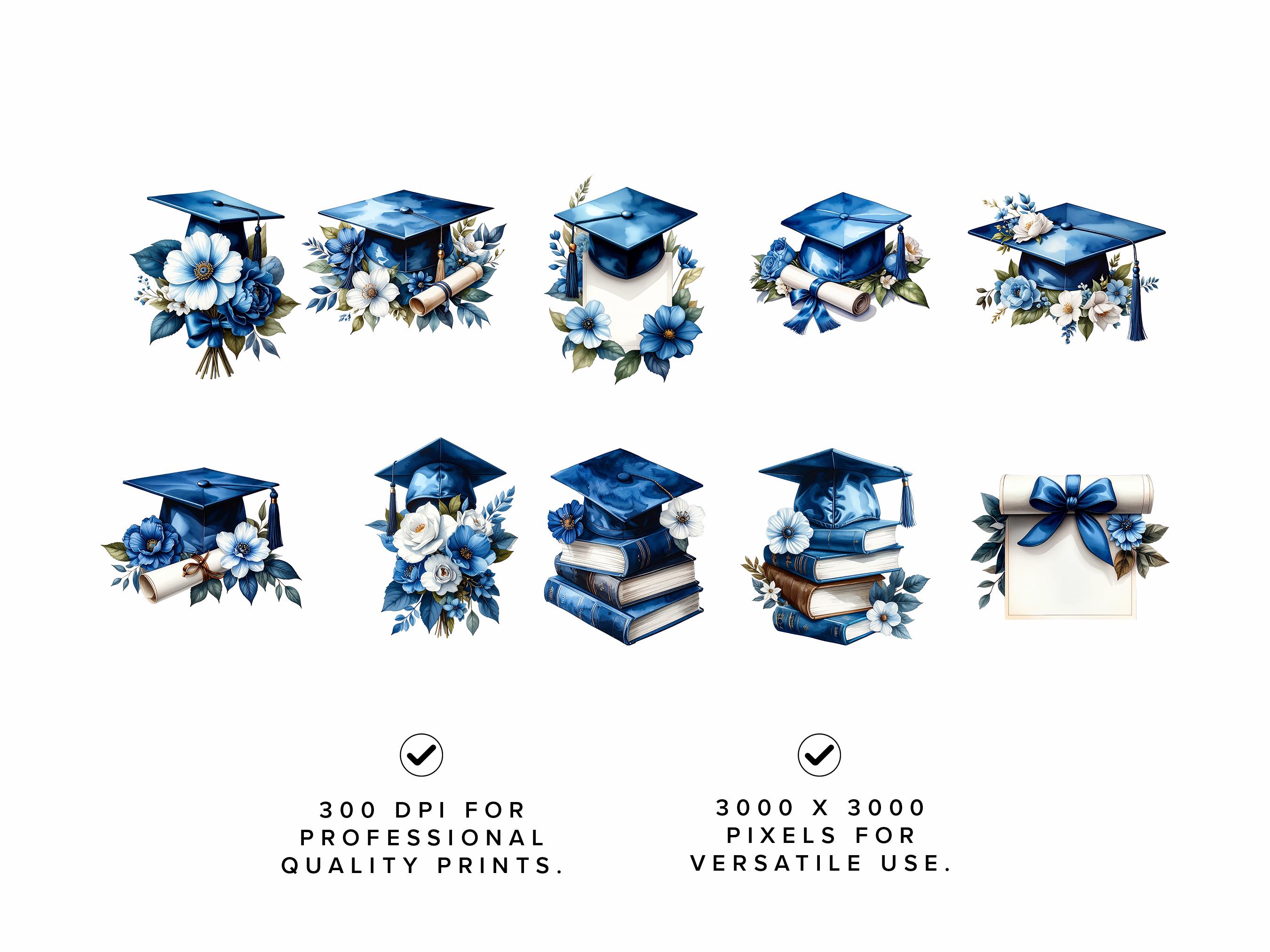 Blue Graduation Clipart, Cap & Gown Pngs for Invitations, Party Decor ...