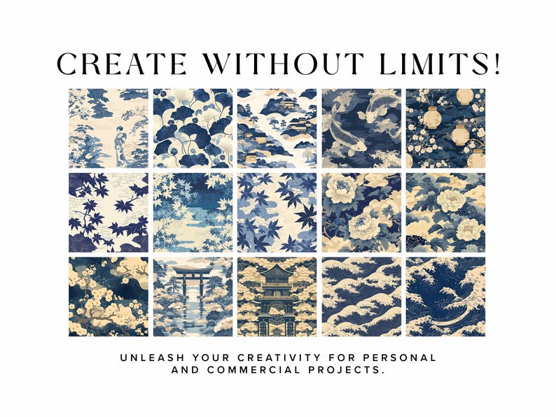 Blue Japanese Digital Paper: Vintage Floral Backgrounds (digital ...