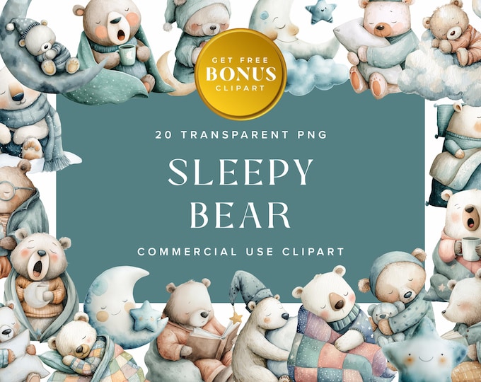 14 PNG Sleepy Bear Clipart – Cute Watercolor PNG – Baby Animal Art for ...