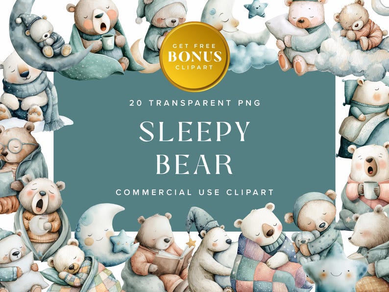 Sleepy Bear Clipart: Nursery Decor PNG Bundle (digital Download) - Etsy