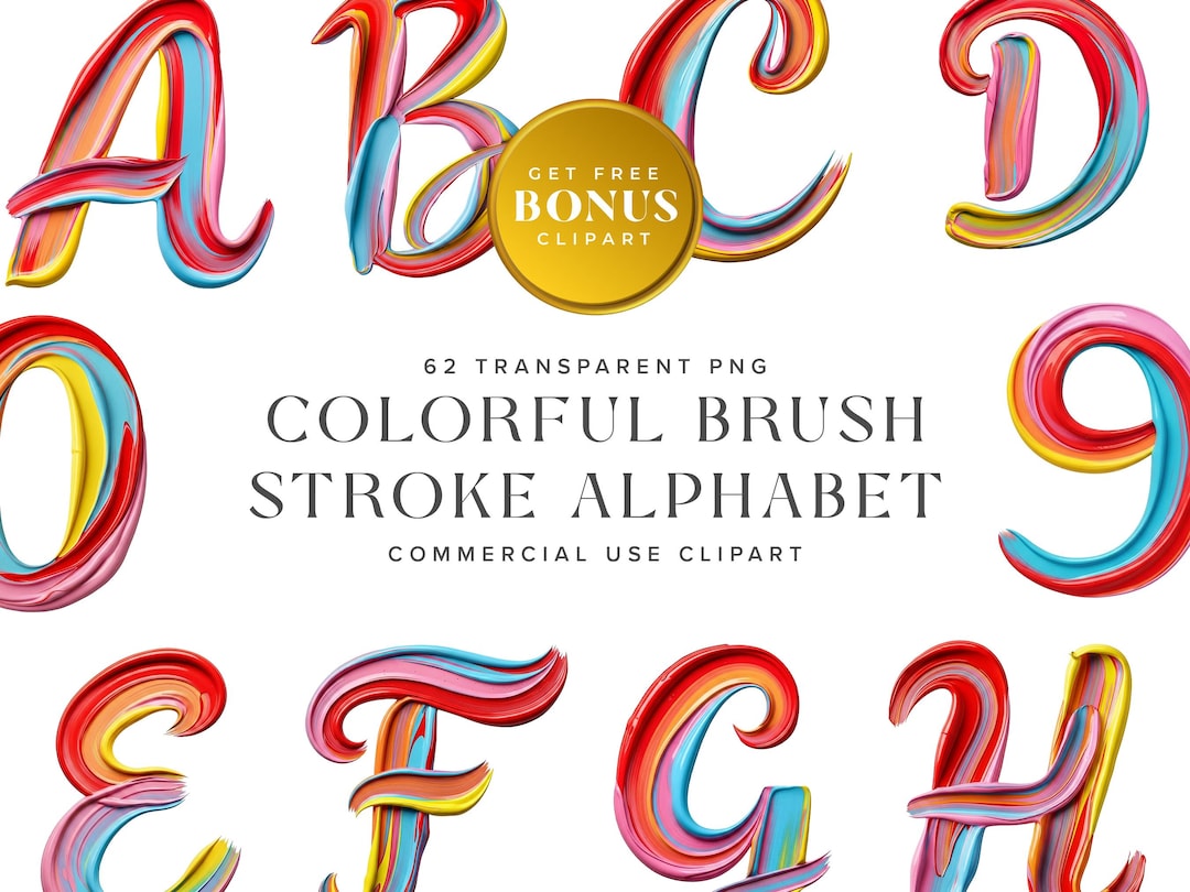 Brush Stroke Alphabet Clipart, Colorful Paint Texture, 62 PNG Letters ...