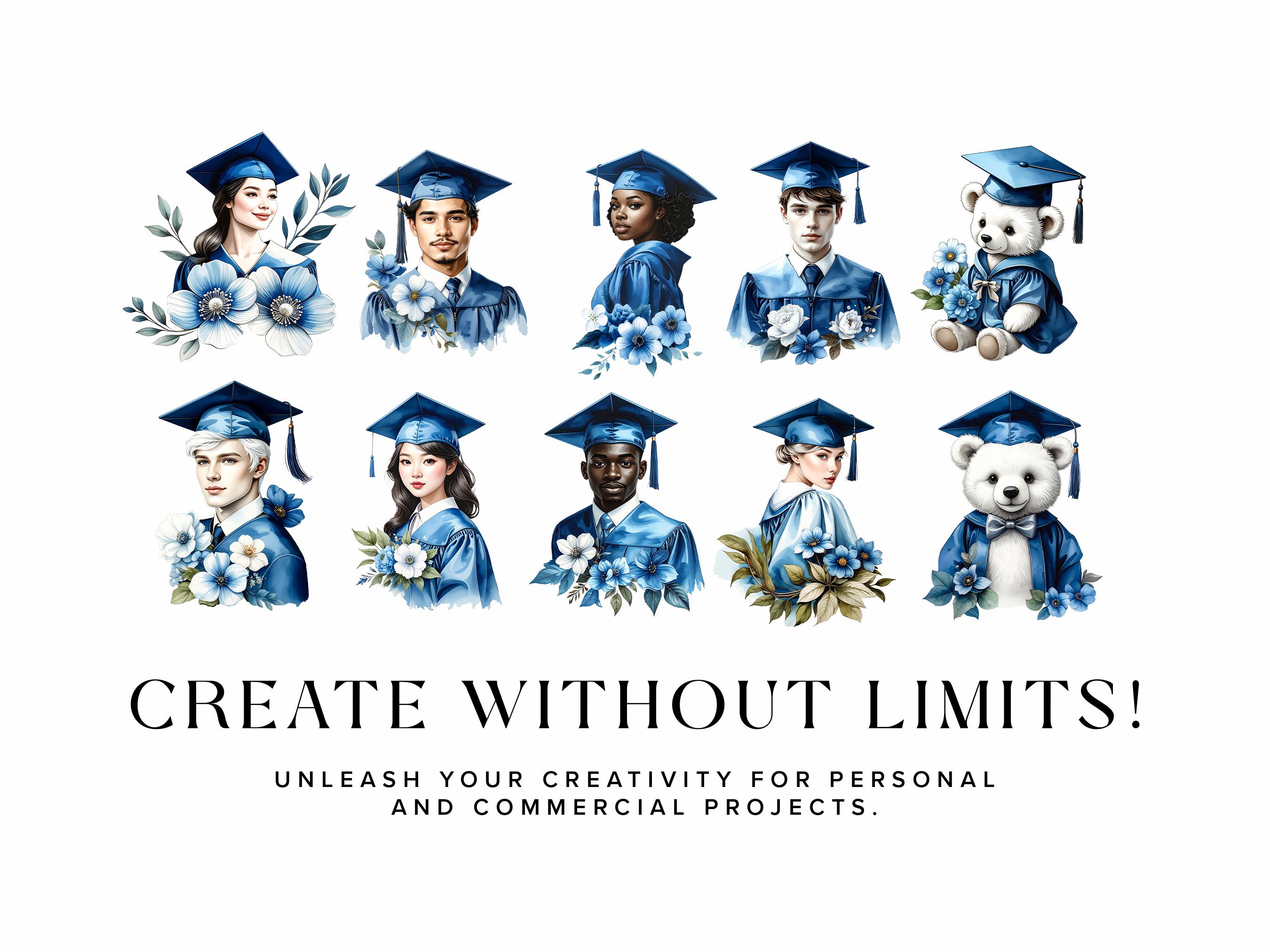 Blue Graduation Clipart, Cap & Gown Pngs for Invitations, Party Decor ...