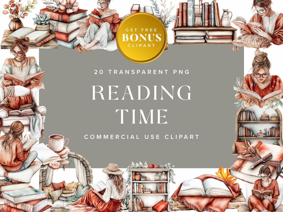 Reading Time Clipart Collection, Watercolor Book Lovers PNG Graphics ...
