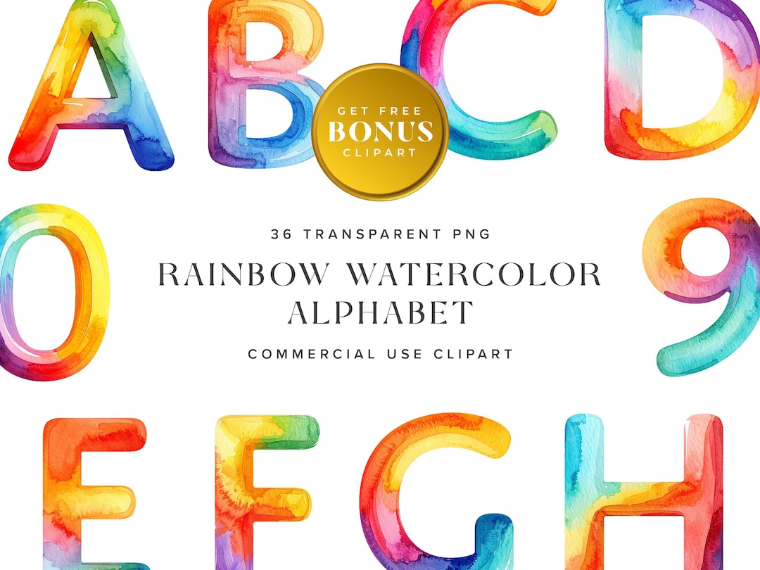 Rainbow Watercolor Alphabet Clipart: PNG Letter Bundle (instant ...
