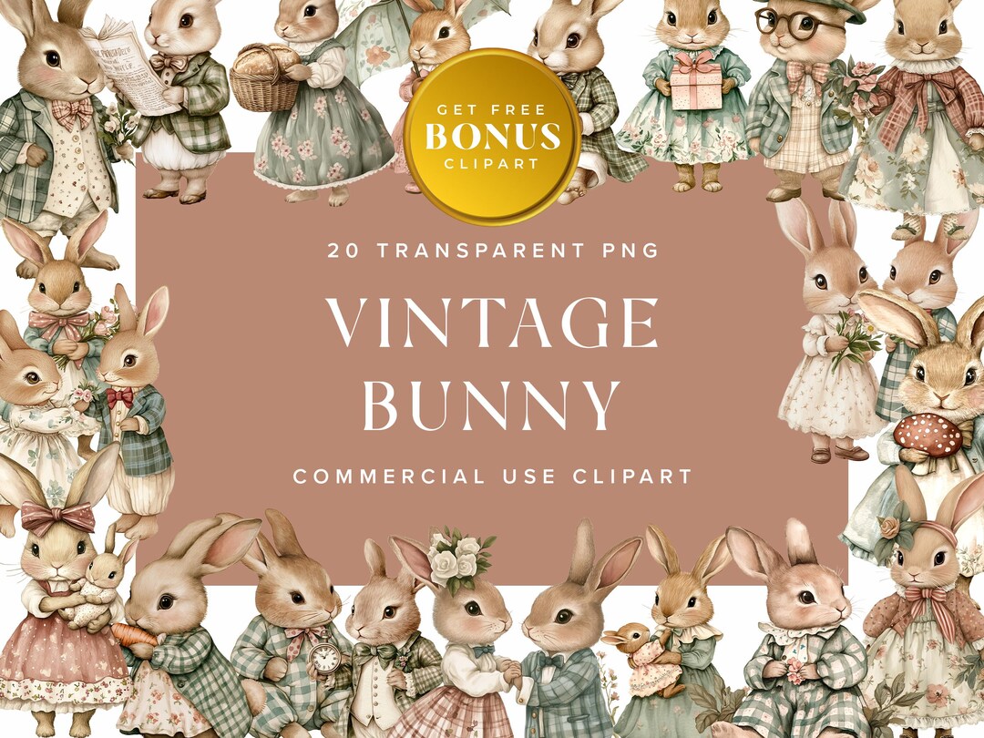 Vintage Bunny Clipart Collection, Cute Rabbit Illustration PNG Graphics ...