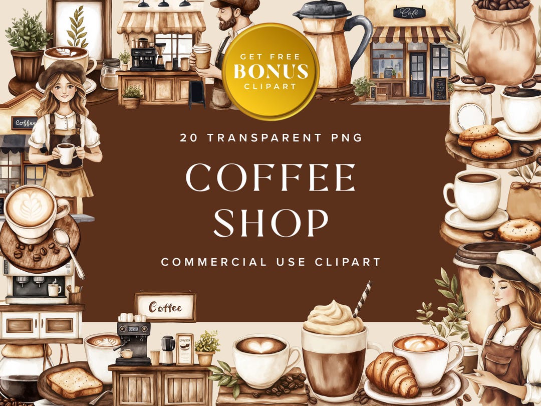 Coffee Shop Clipart Collection, Watercolor Cafe Elements PNG, Vintage ...