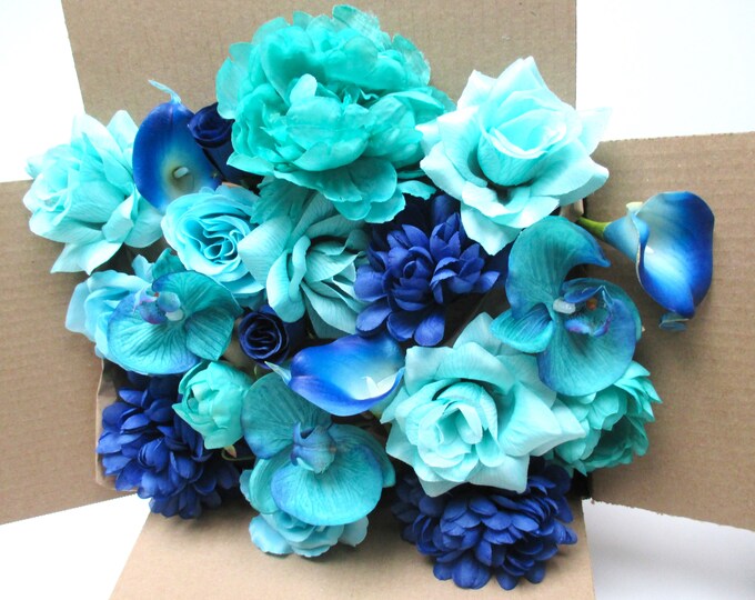 DIY Loose Flower, Aqua Blue, Turquoise, Royal Blue 36 Silk Flowers ...