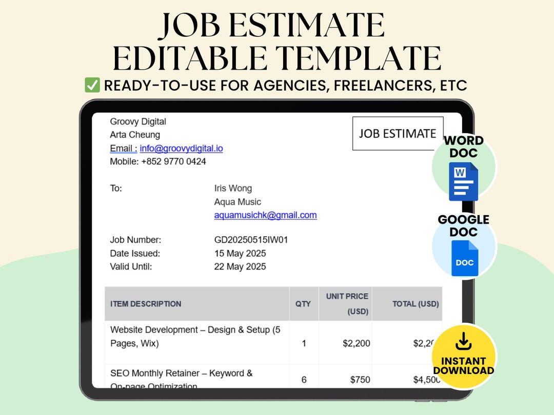 Editable Job Estimate Template: Freelancer & Agency Pricing (google ...