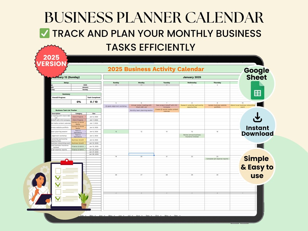 2025 Calendar Google Sheet Yearly Monthly Business Planner Spreadsheet ...