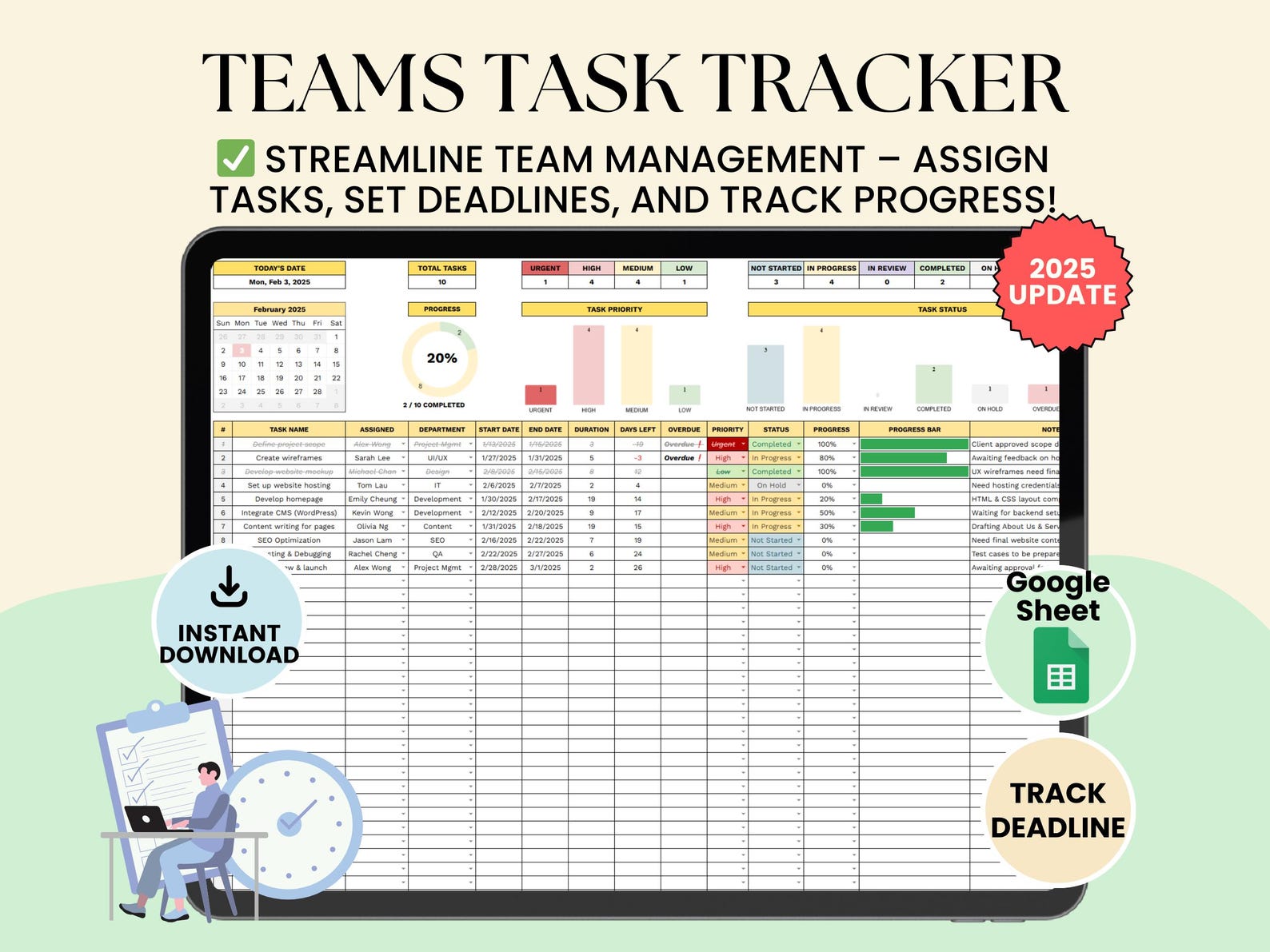 Team Task Tracker Google Sheet: Project Management Template - Etsy