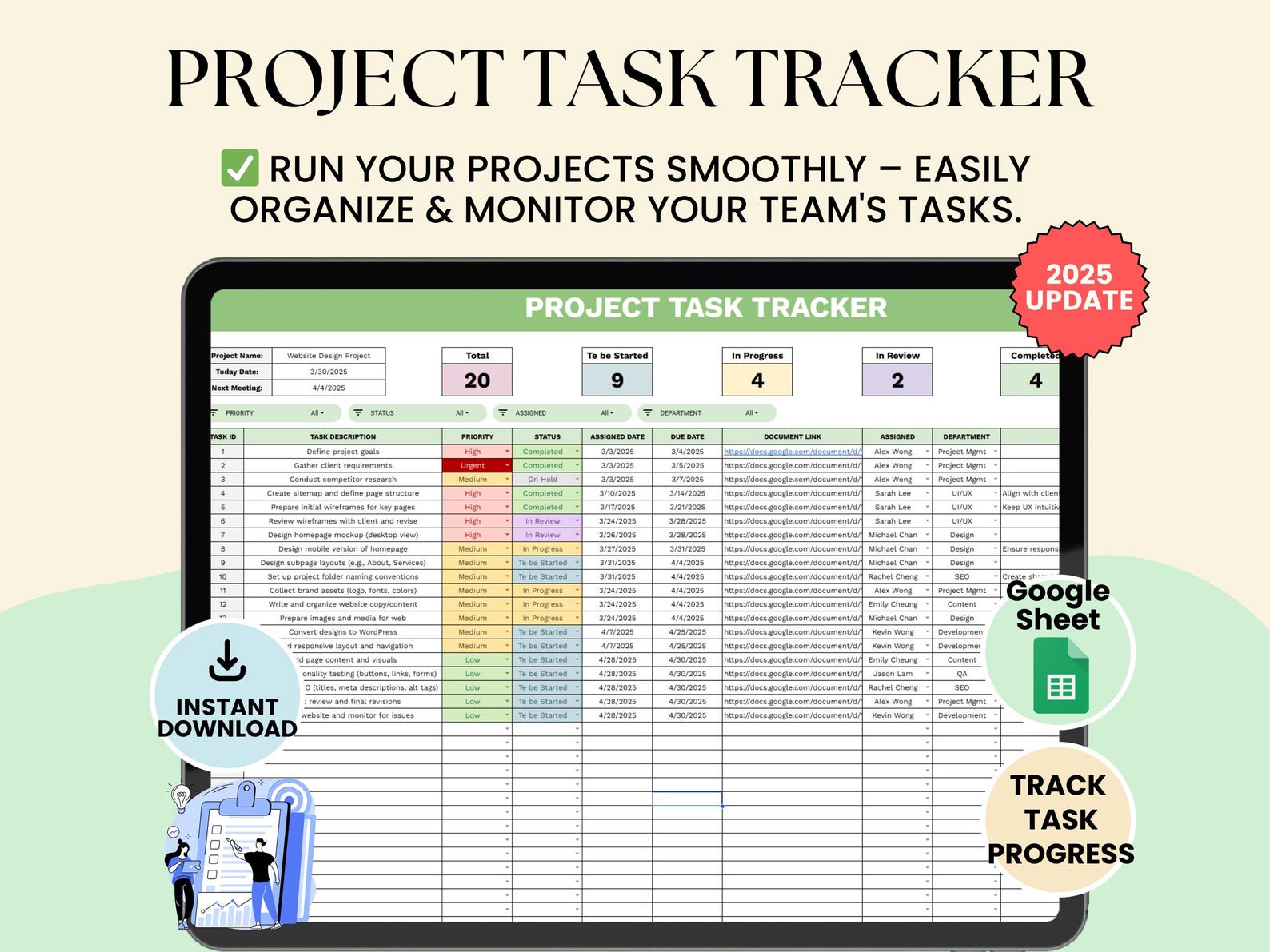 Project Task Tracker Google Sheet Task Management Spreadsheet Project ...