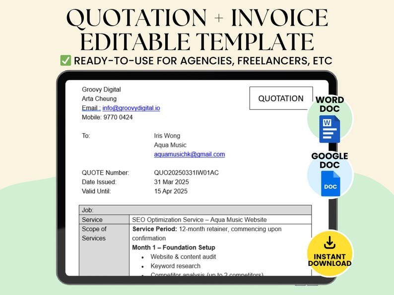 Quotation & Invoice Editable Template Microsoft Word Google Docs ...
