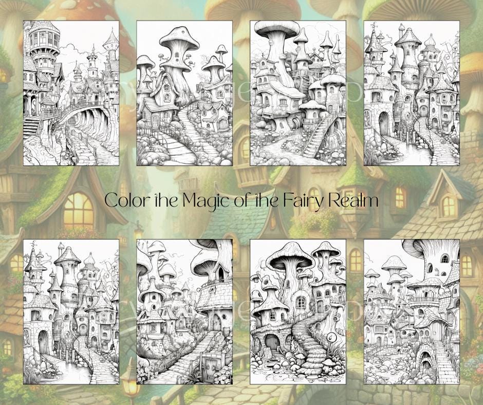 Fairy Village Coloring Pages – Whimsical Fantasy Line Art | Printable ...