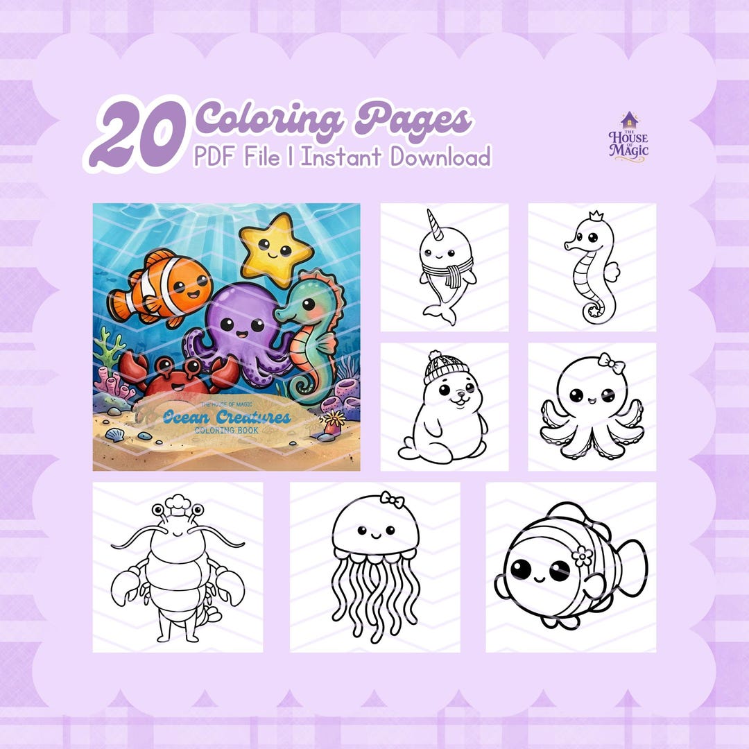 Ocean Creatures Coloring Book for Kids Printable PDF | Cute Kawaii Sea ...