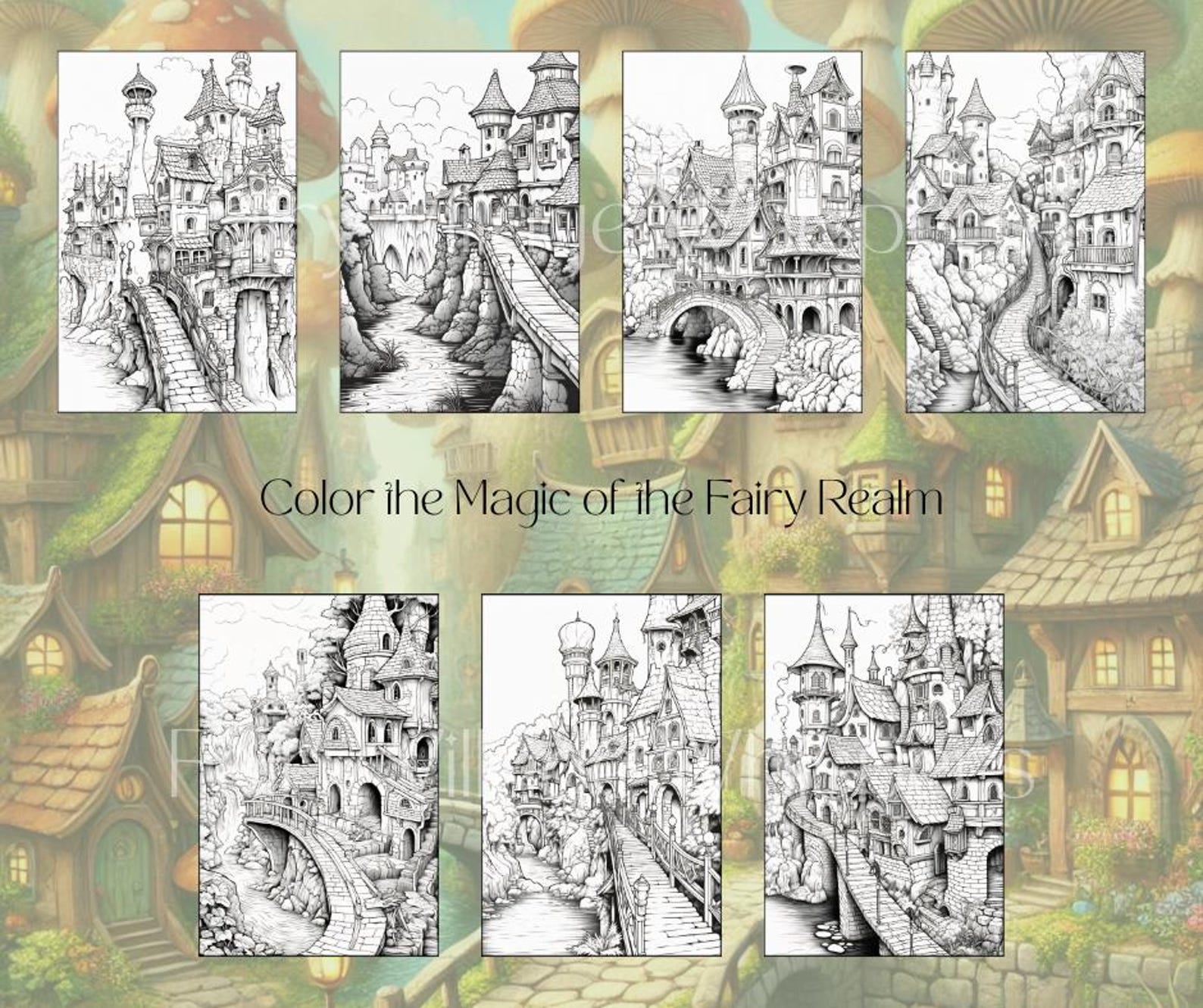 Fairy Village Coloring Pages – Whimsical Fantasy Line Art | Printable ...
