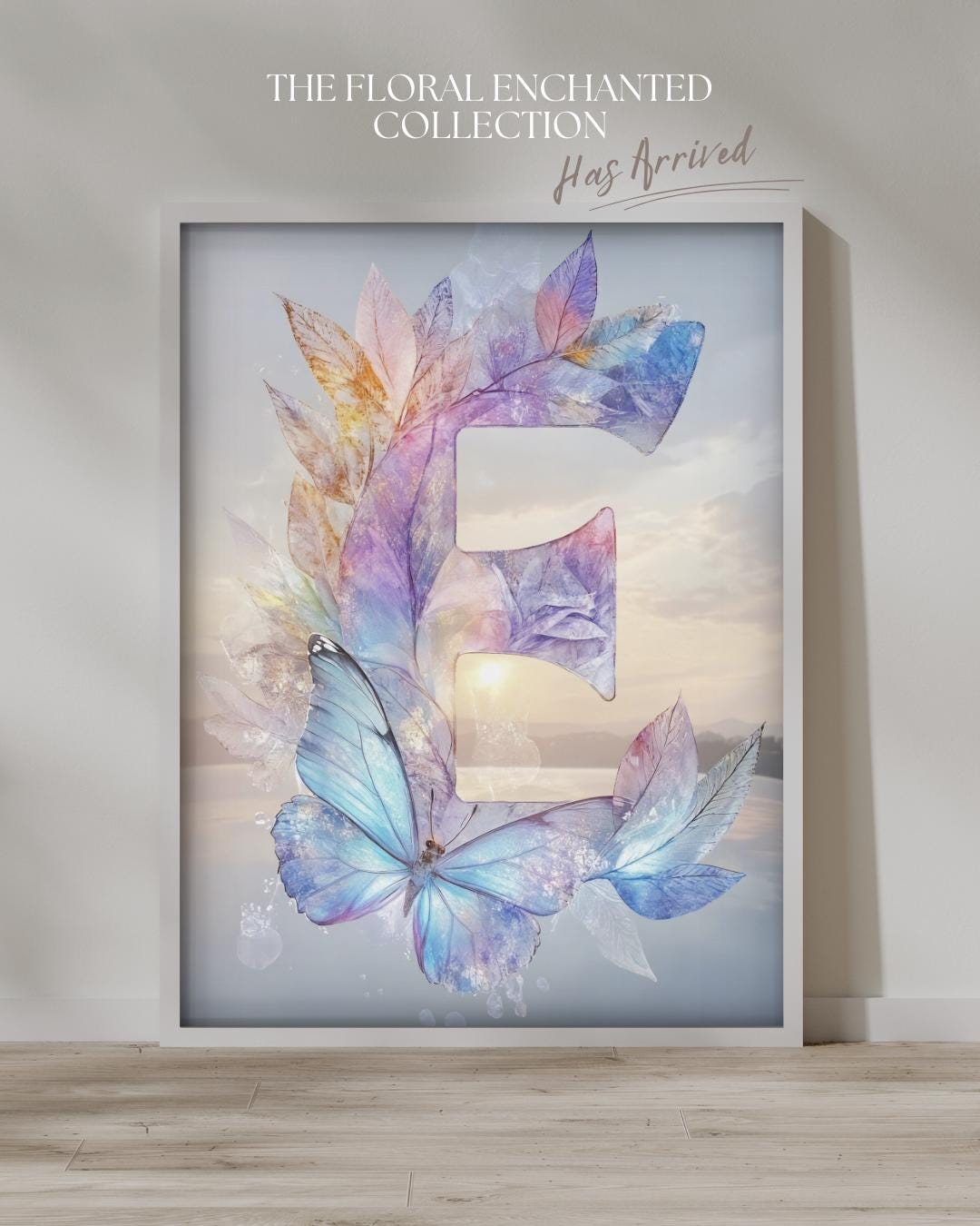 Floral Enchanted Letter E – Digital Monogram Art, Iridescent Butterfly ...