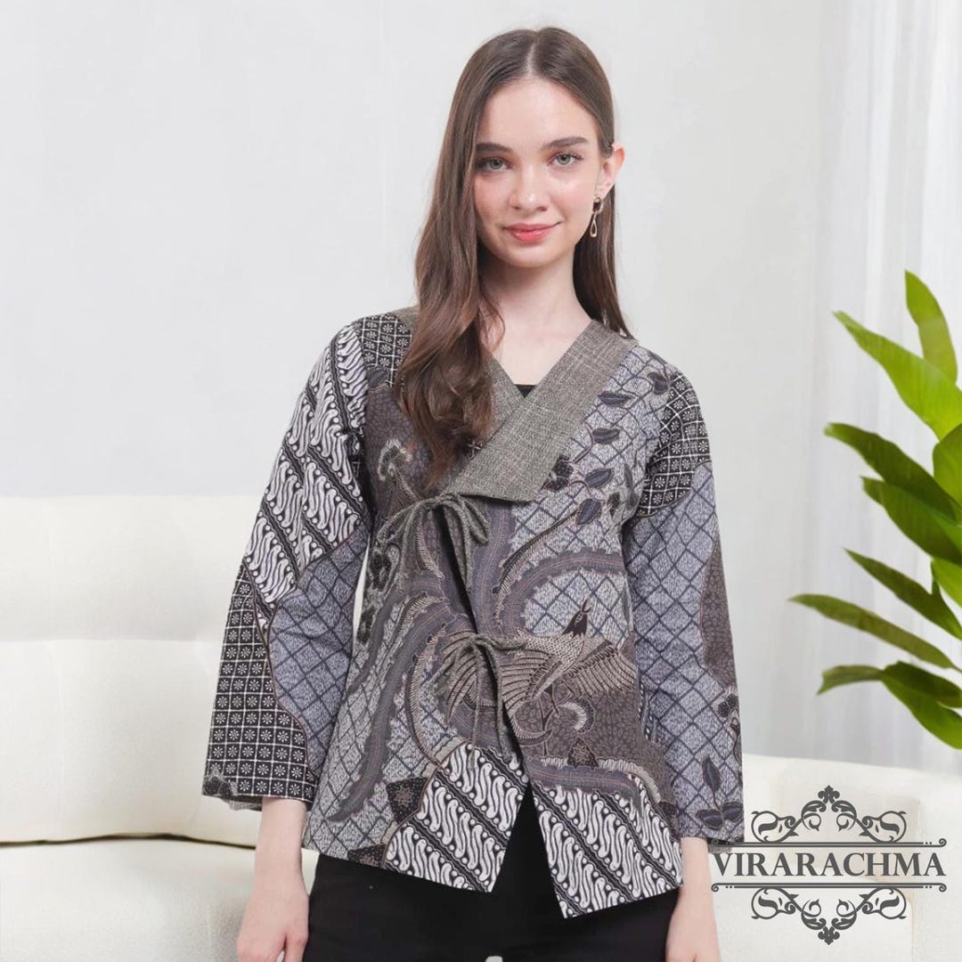 Fergia Modern Batik Top – Grey Blouse for an Elegant Look, Women's ...
