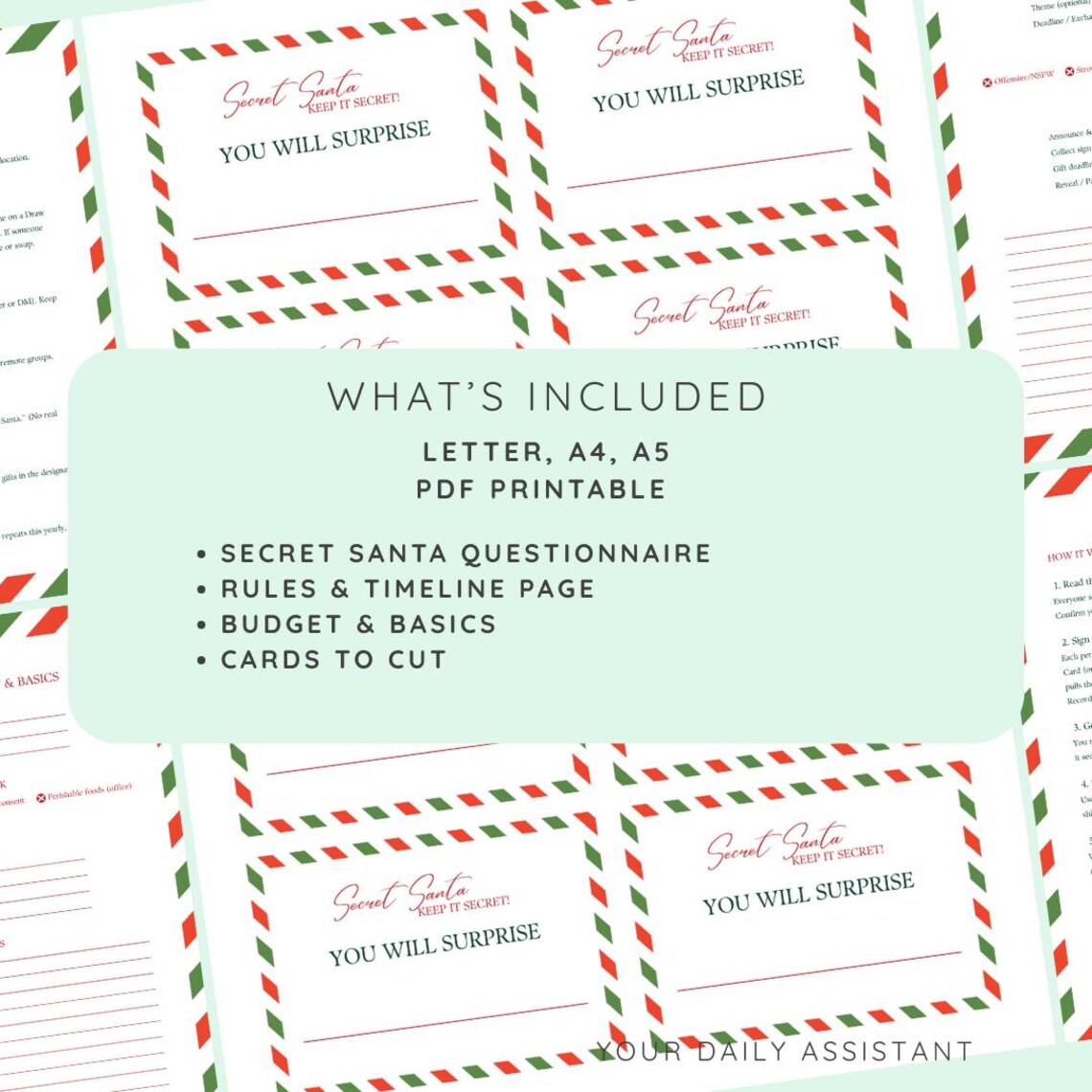 Secret Santa Kit Printable: Rules, Questionnaire, Organizer Sheets ...