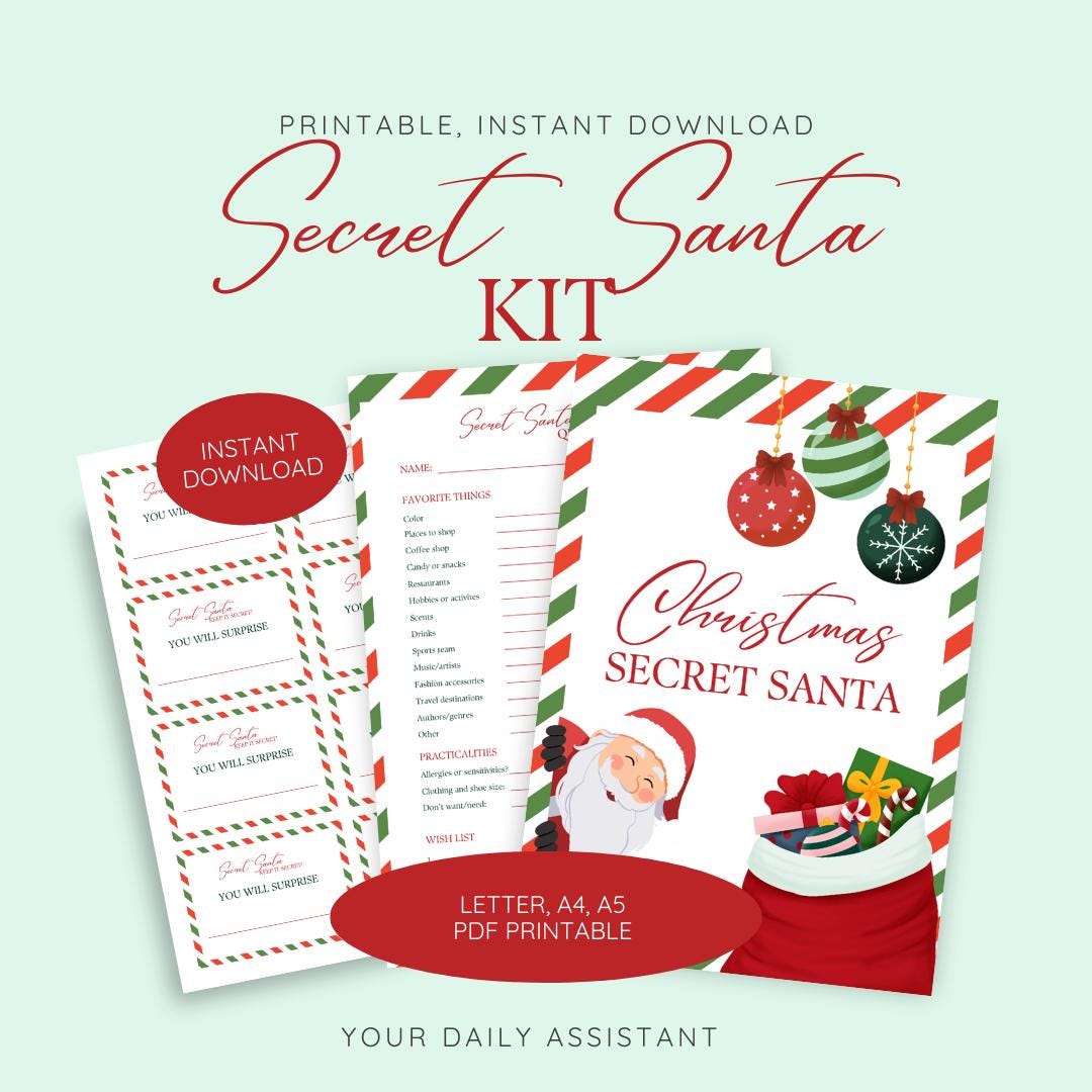 Secret Santa Kit Printable: Rules, Questionnaire, Organizer Sheets ...