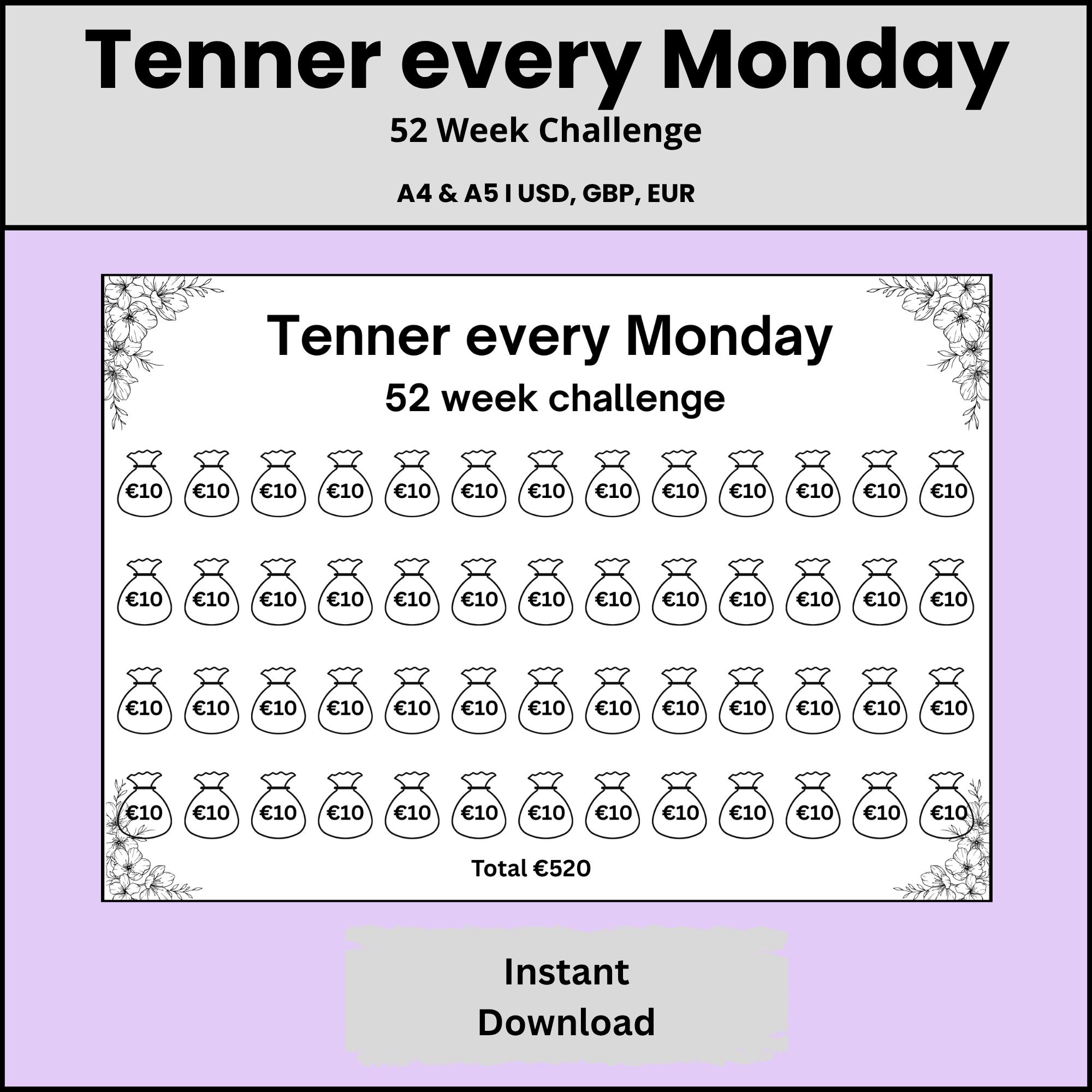 Tenner Every Monday Savings Challenge, 52 Week Money Tracker, Weekly ...