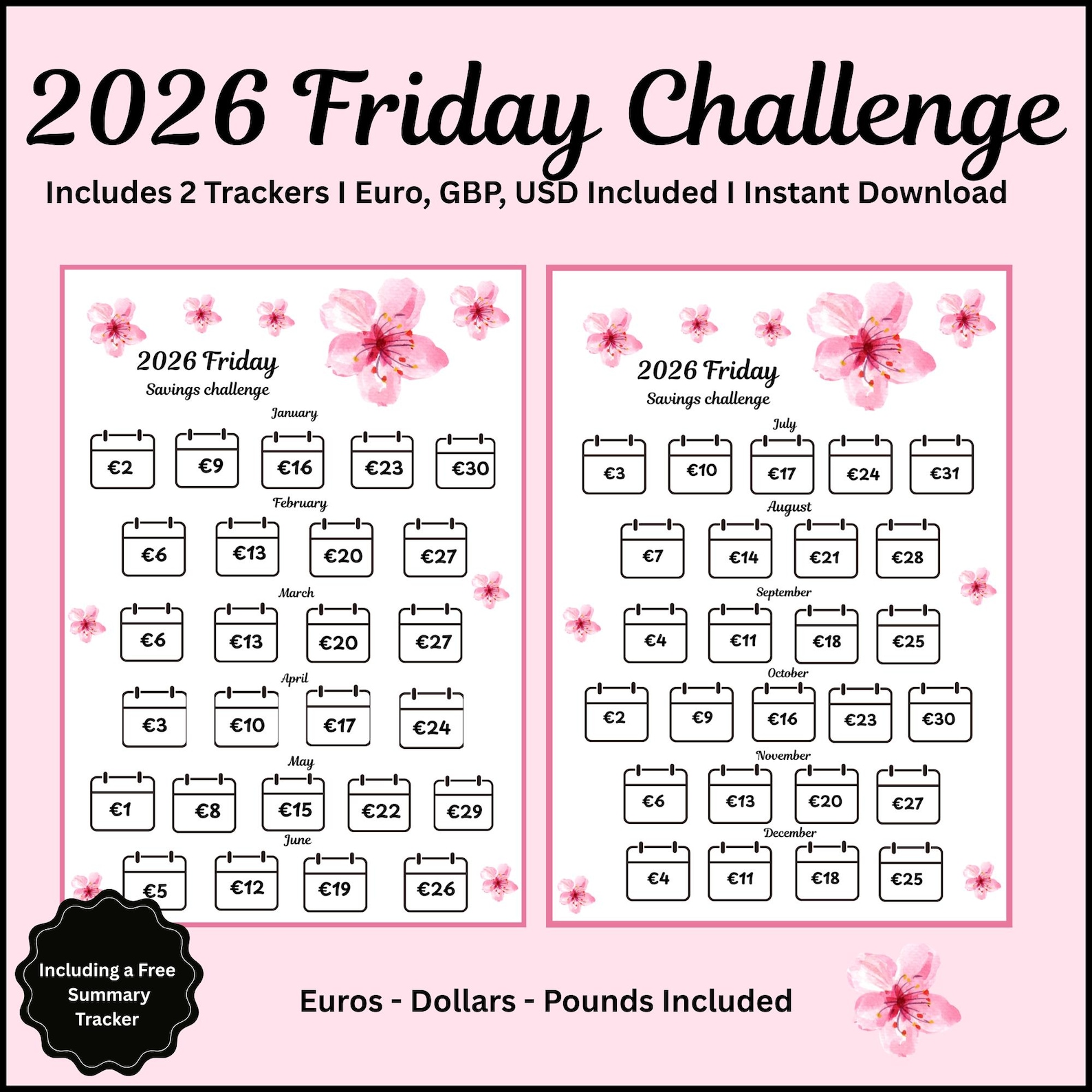 2026 Friday Savings Challenge, Save Every Friday, Euros, Dollars ...