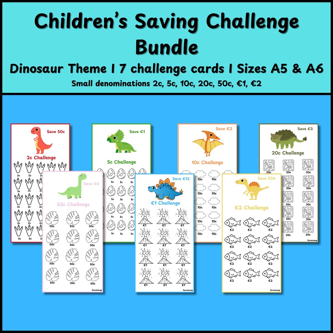 Children Savings Tracker Dinosaur Themed Euro Coin Challenge Colour in ...