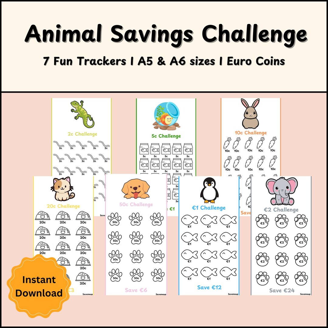 Animal Theme Kids Savings Challenge: Euro Coin Tracker (PDF Printable ...