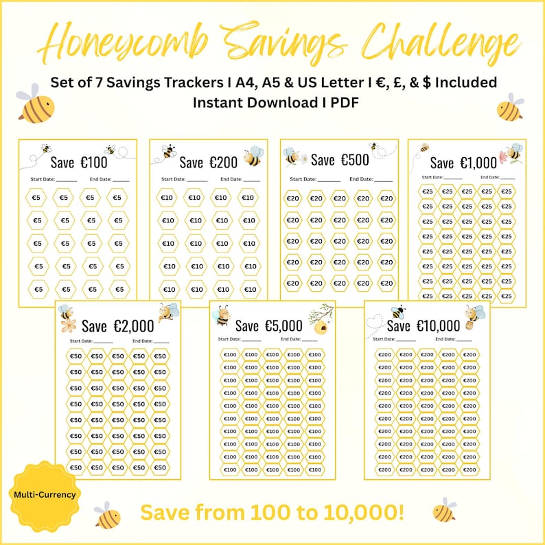 Honeycomb Savings Challenge Printable, Multi Currency Budget Tracker ...