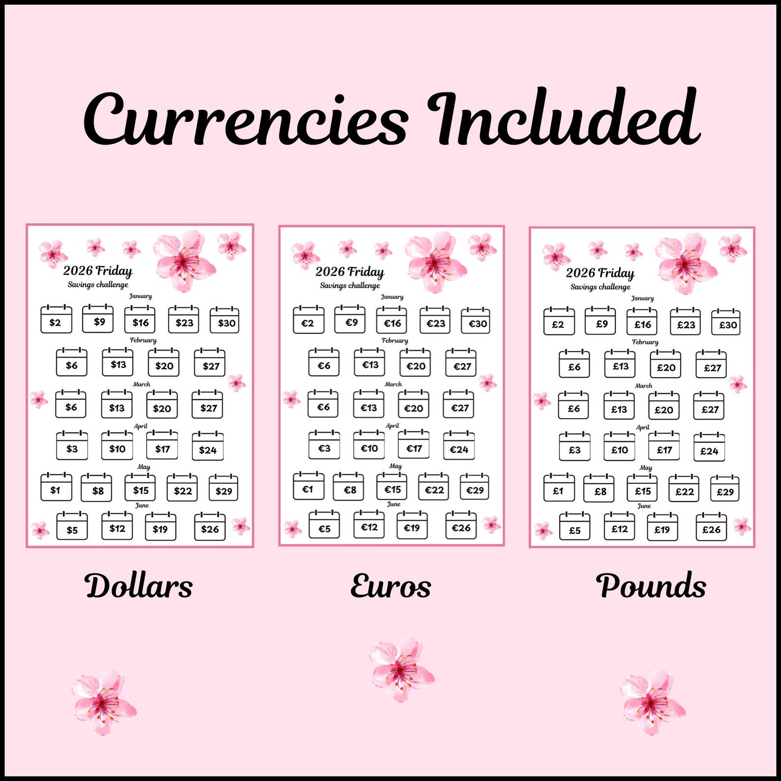 2026 Friday Savings Challenge, Save Every Friday, Euros, Dollars ...
