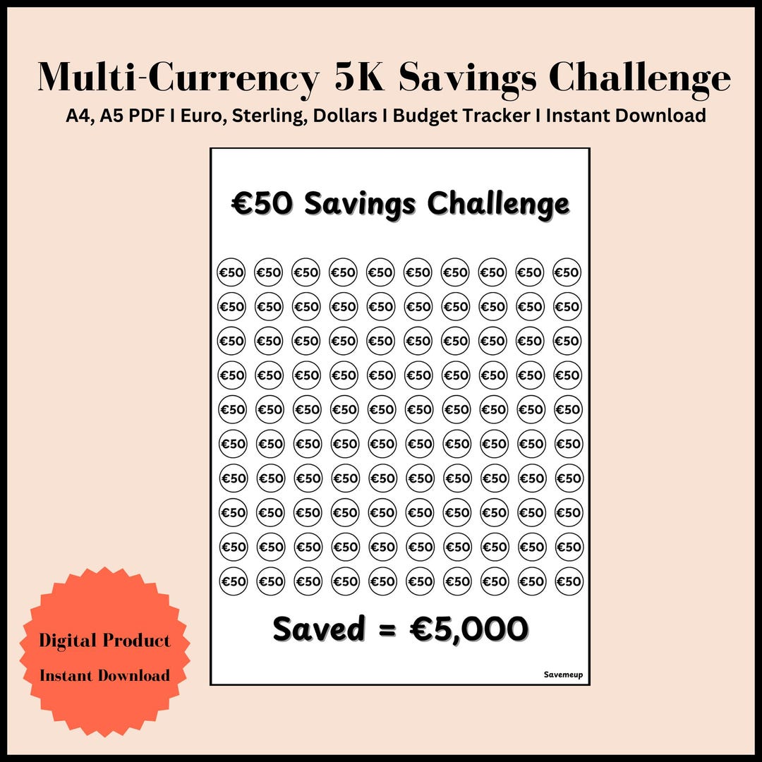 Multi-currency 5k Savings Challenge, A4 & A5 PDF, Save Euro/dollars ...