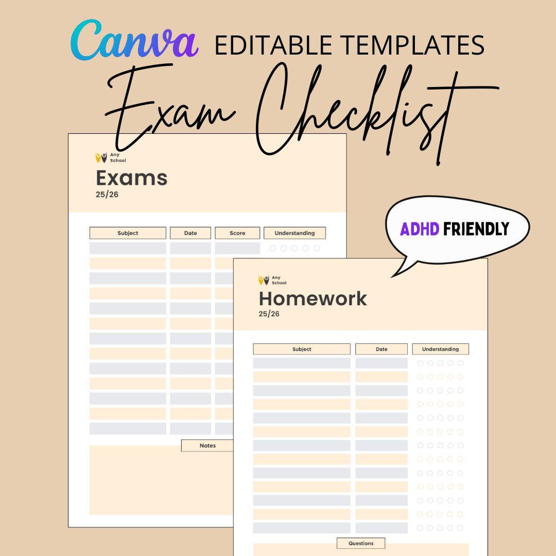 Exam and Homework Checklist Bundle Student Study Tracker Templates ...