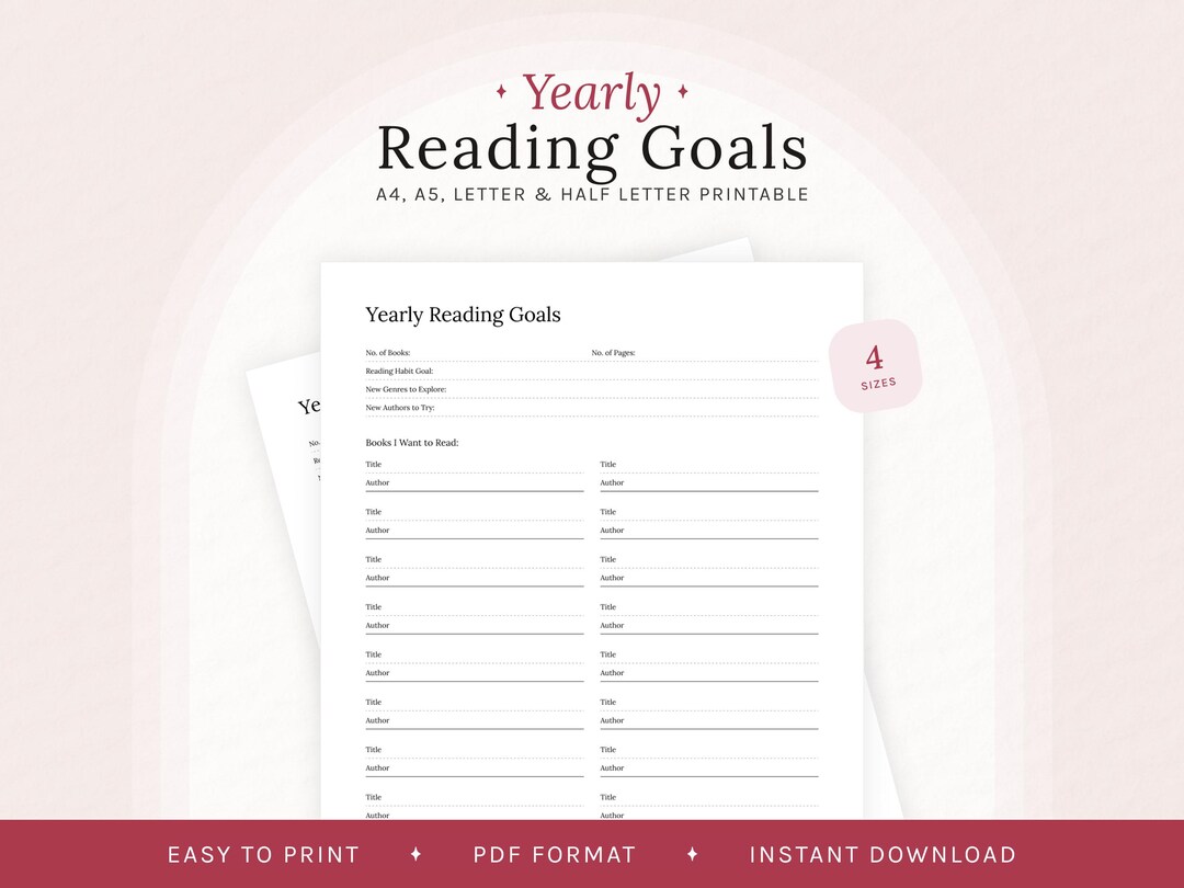 Yearly Reading Goals Printable Page, Track Yearly Reading Goals, Reading Goals, Book Goals ...