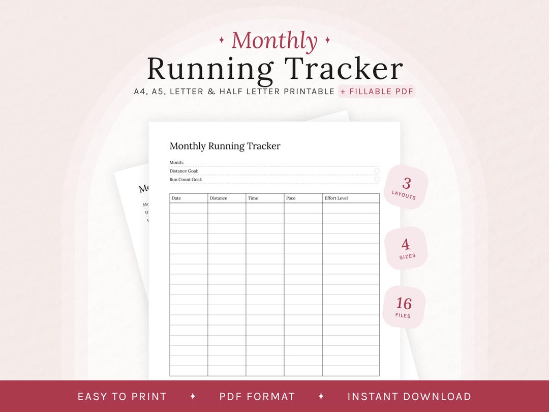 Monthly Running Tracker, Printable Running Log, Cardio Fitness Goal ...