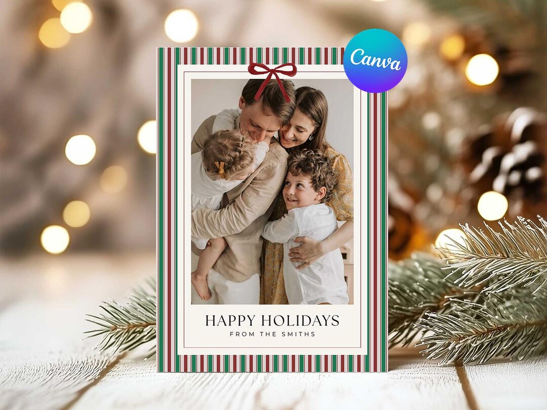 Striped Holiday Family Photo Card Template, Printable Merry Christmas ...