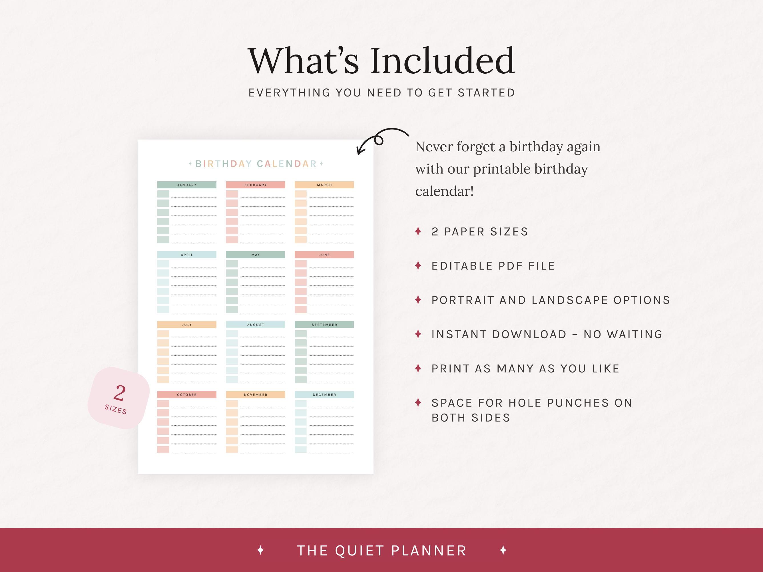 Printable Birthday Tracker, Birthday Calendar, Birthday Reminder ...