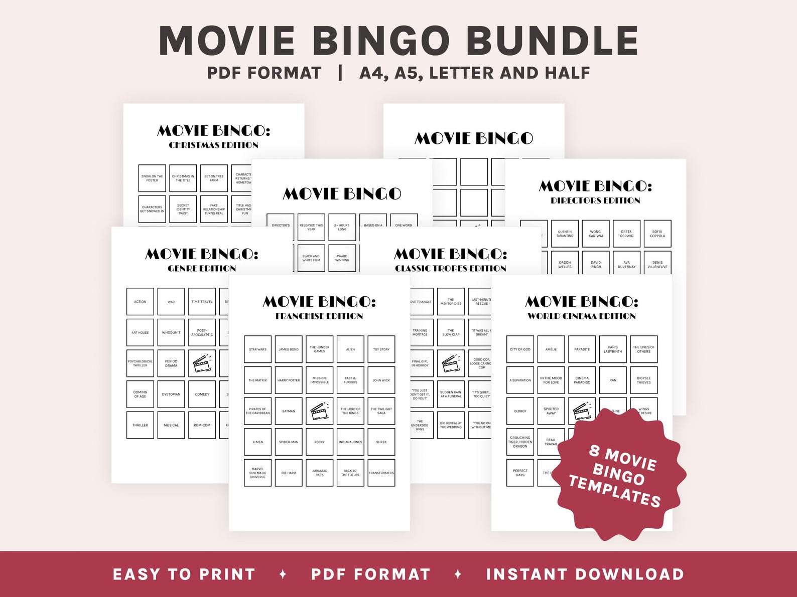 Movie Bingo Template Bundle, Printable Film Bingo Sheets, Movie ...