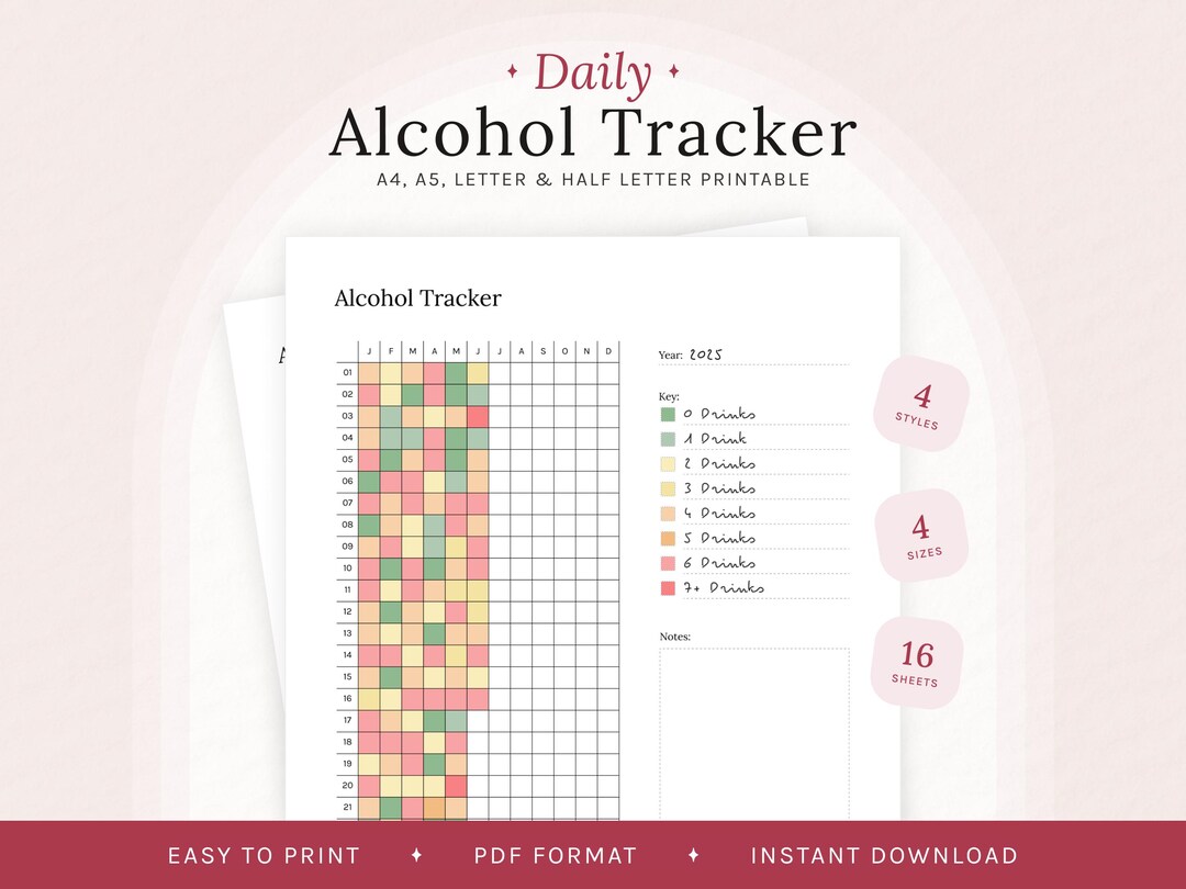 Daily Alcohol Tracker, 12 Month Alcohol Intake Tracker, Planner Page ...
