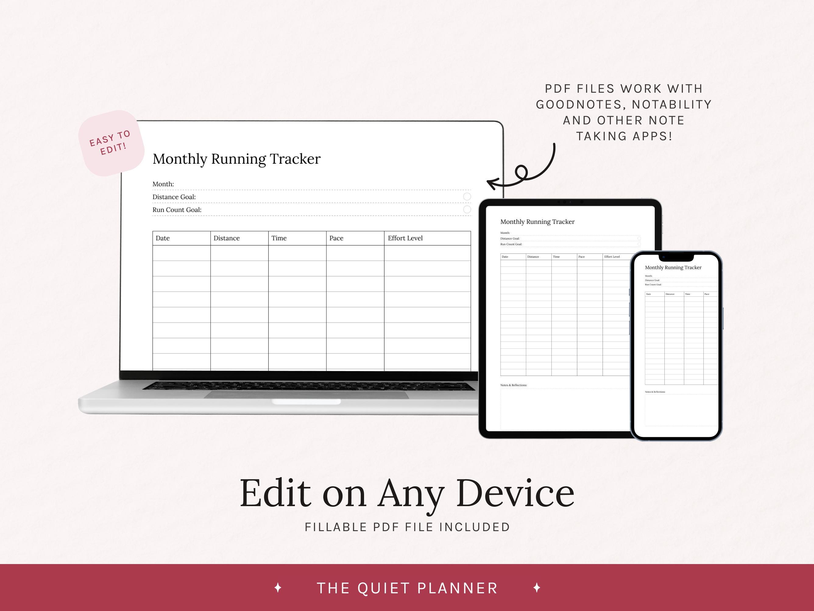 Monthly Running Tracker, Printable Running Log, Cardio Fitness Goal ...