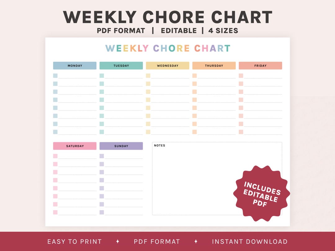 Editable Weekly Chore Chart, Weekly Household Chore List, Kids & Adult ...